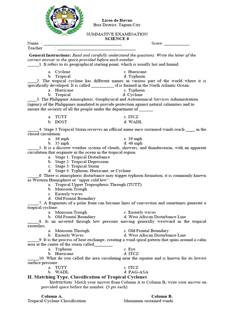 SCIENCE 8 Tropical Cyclone Summative Test | PDF | Tropical Cyclones ...