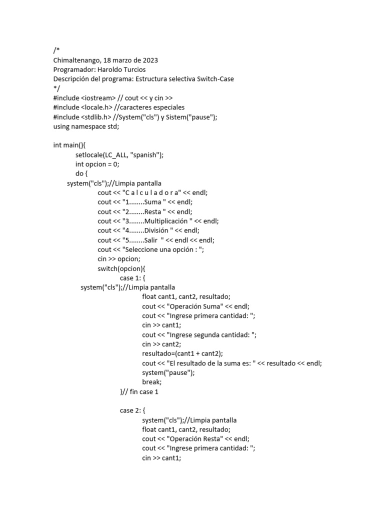 Calculadora Switch Case | PDF | Programación de computadoras ...