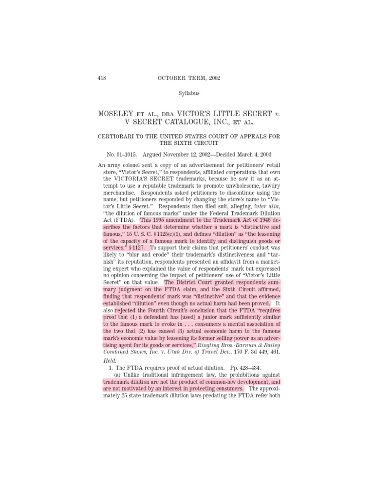 Trademark Dilution Case: Moseley v. V Secret | PDF | Trademark Dilution ...