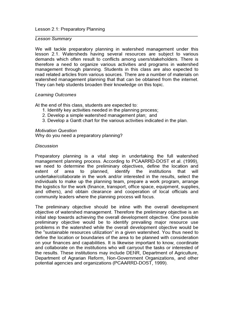 Lesson 2.1 Preparatory Planning | PDF | Logistics | Cognition