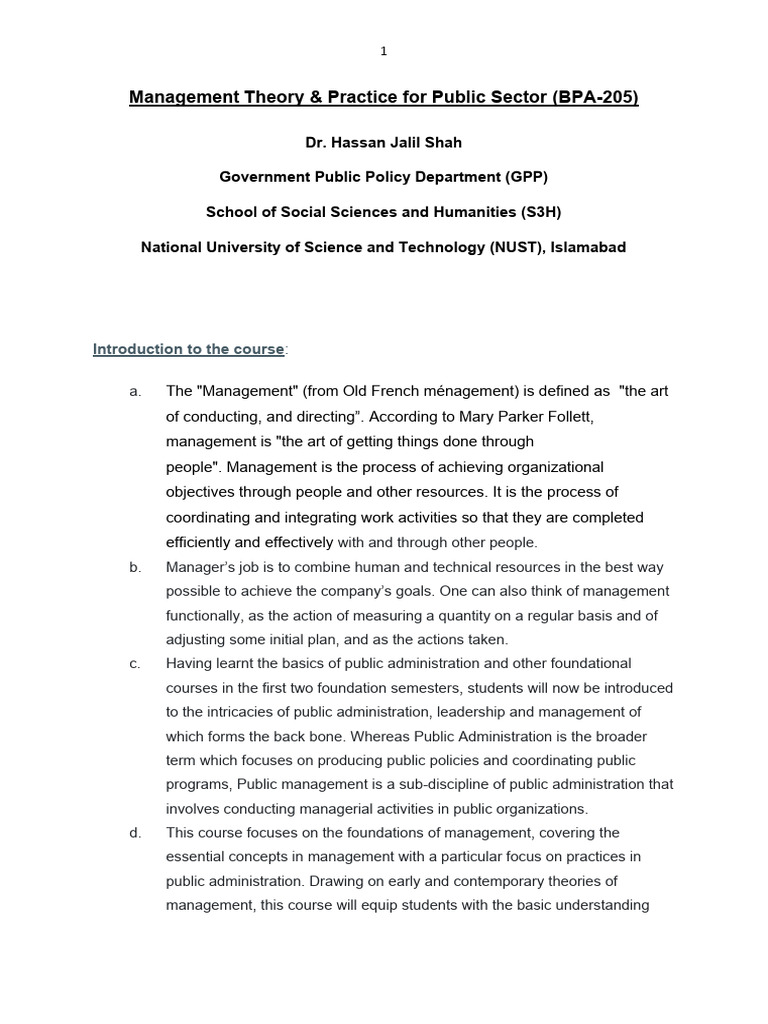 Management Theory and Pract - Course Outline - 8 Sep 23 | PDF | Public Administration | Institution