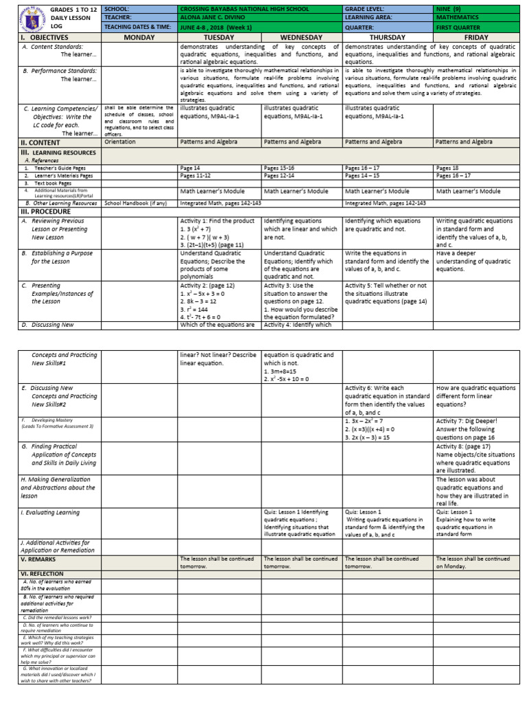 Math 9 DLL Week 1 | PDF | Equations | Learning