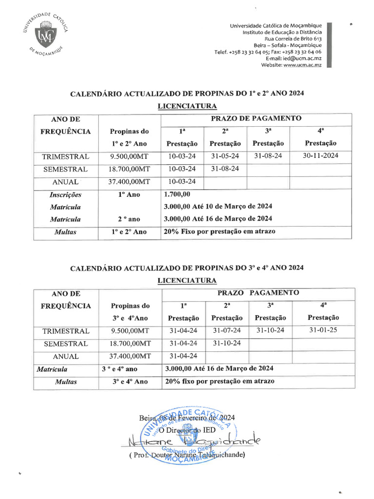 Calendário Actualizado de Propinas 2024-1 | PDF