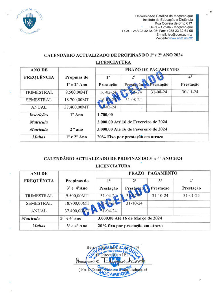 Calendário Actualizado de Propinas - 2024 | PDF