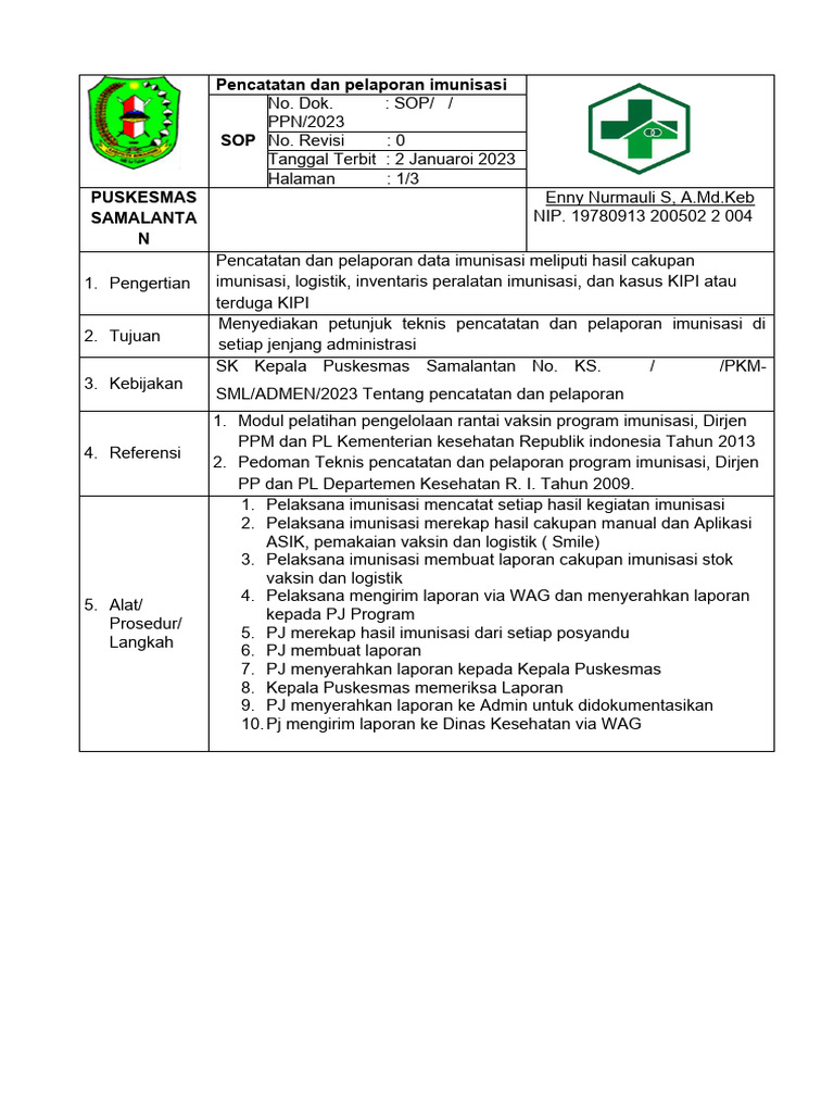 SOP Pencatatan Imunisasi Puskesmas | PDF