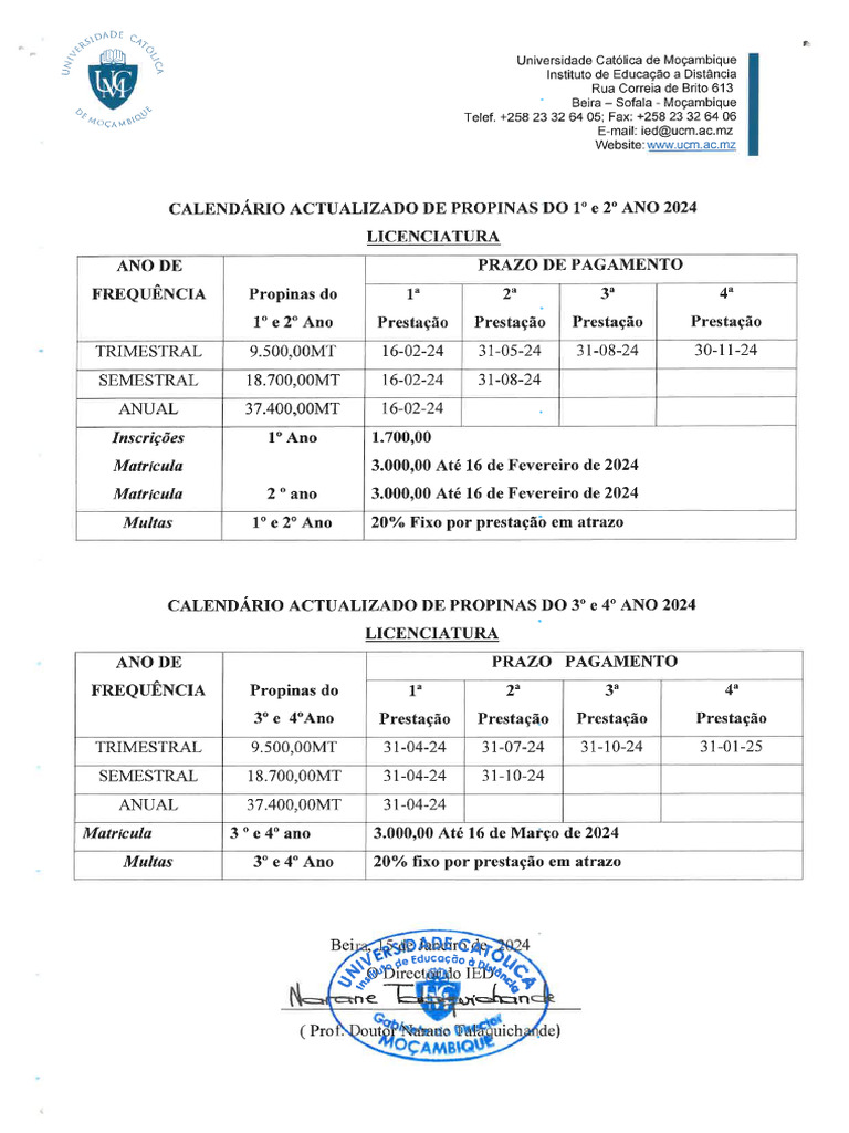 Calendário Actualizado de Propinas 2024 | PDF
