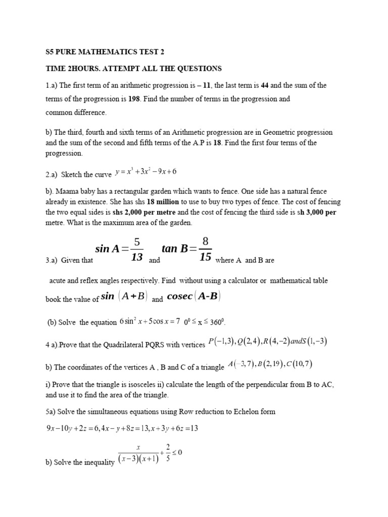 s5 Pure Mathematics Test 2 | PDF