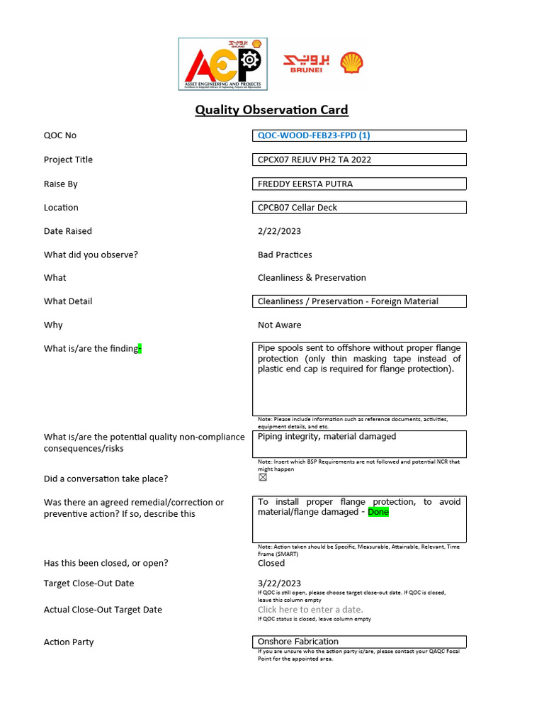 Quality Observation Card: Flange Protection Issues | PDF