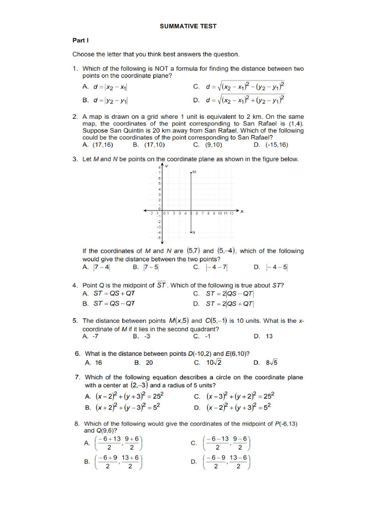 Summative Distance, Midpoint, Equation of Circle | PDF