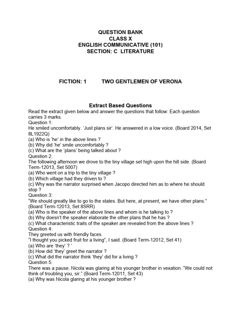 Class 10 English Question Bank | PDF
