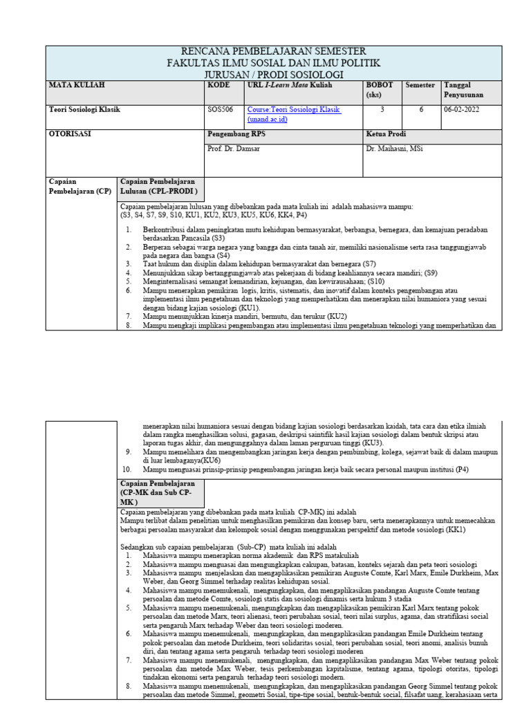 RPS Teori Sosiologi Klasik 2022 | PDF