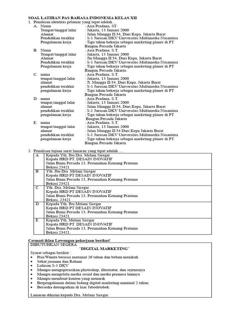Latihan Pas Bindo Kelas Xii | PDF