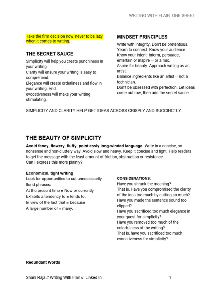 WRITING WITH FLAIR - ONE SHEET Notes Shani Raja | PDF | Beauty | Thought