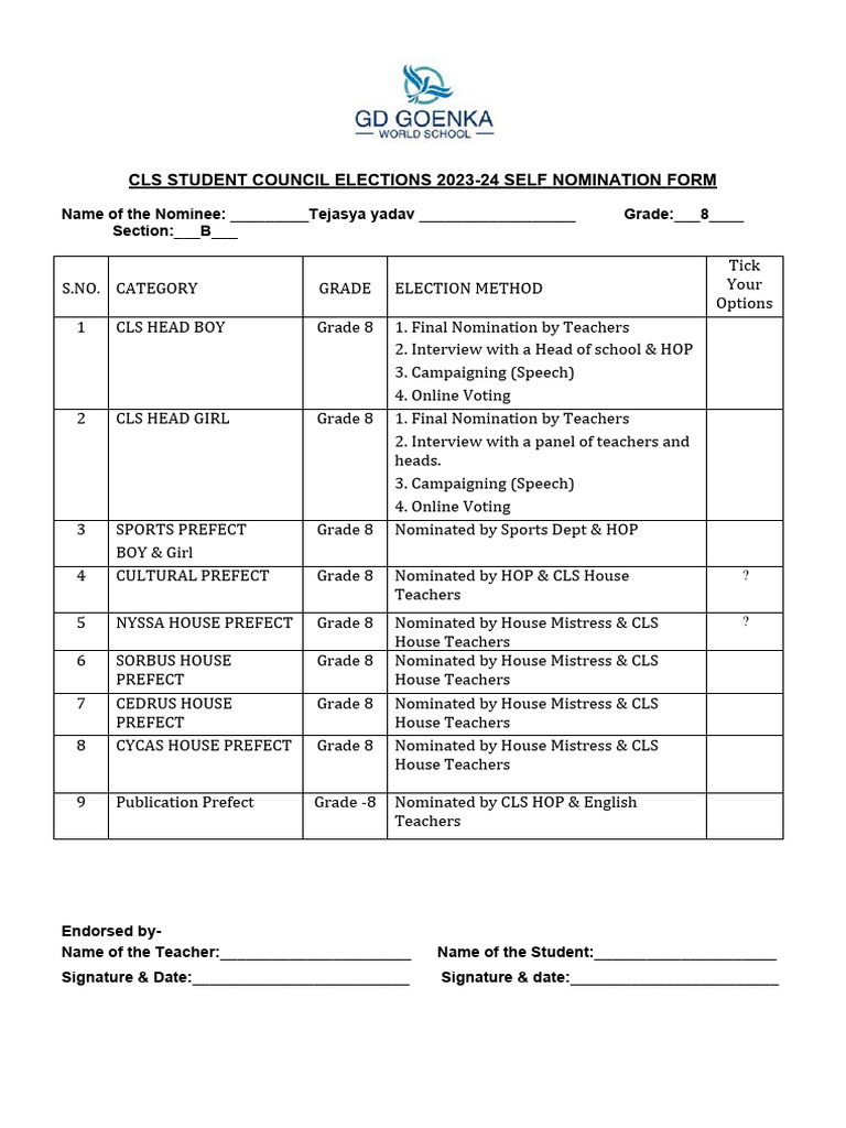 CLS Student Council - Students Self Nomination Form - 2023-24 | PDF ...
