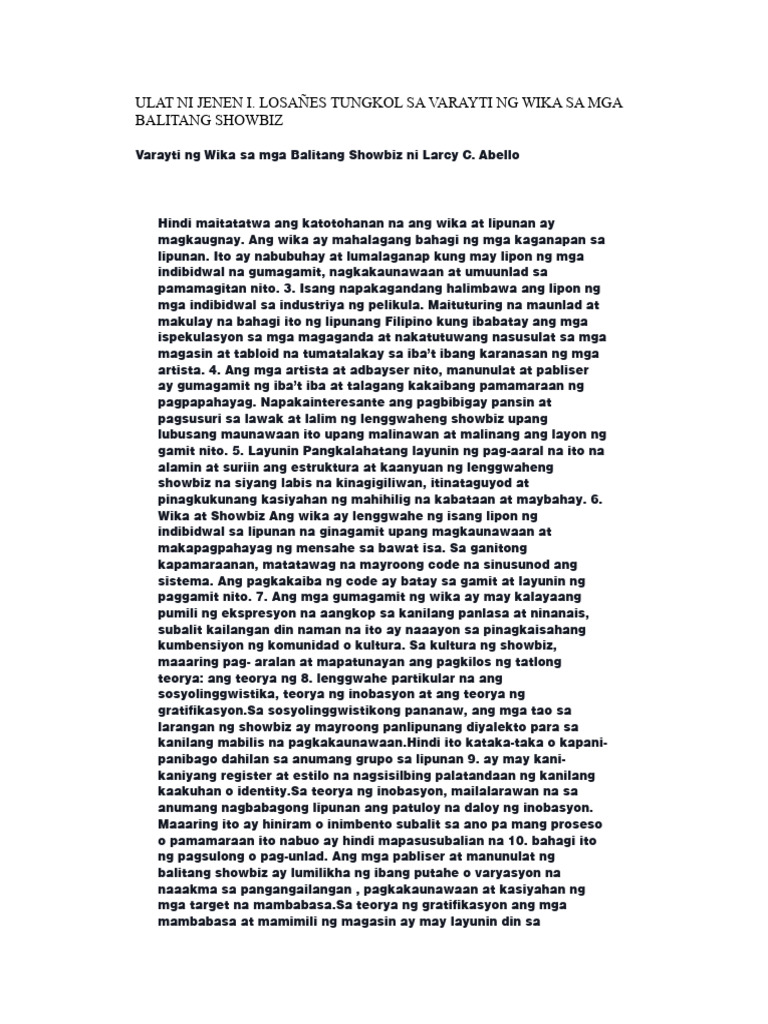 Mga Balitang Showbiz | PDF