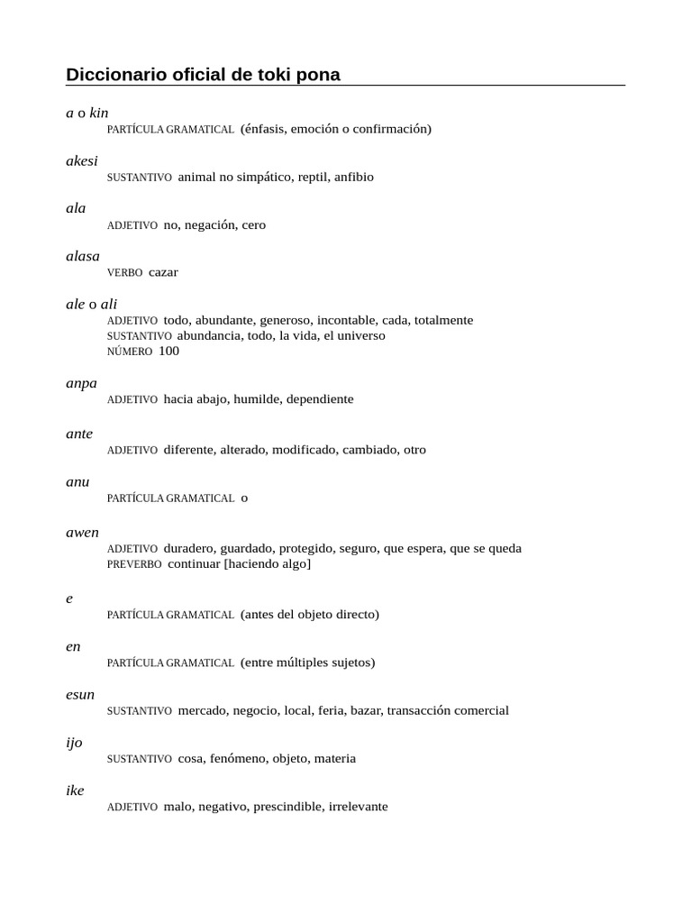 Diccionario Oficial de Toki Pona | PDF | Sustantivo
