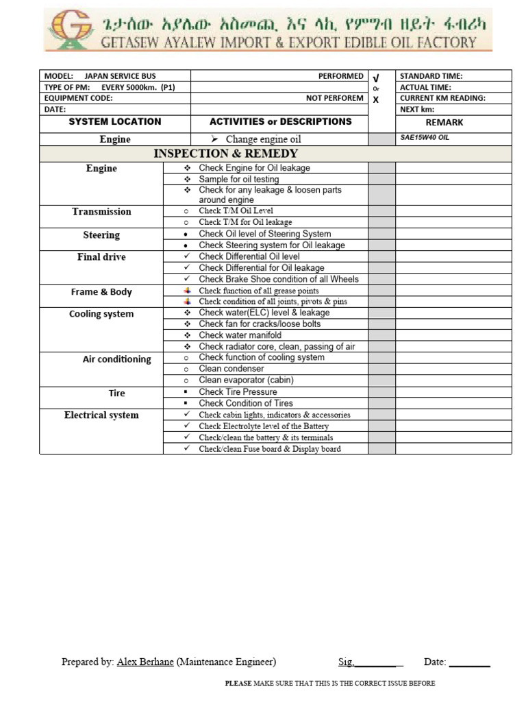 Gig-Service Bus PM Check List | PDF | Truck | Steering