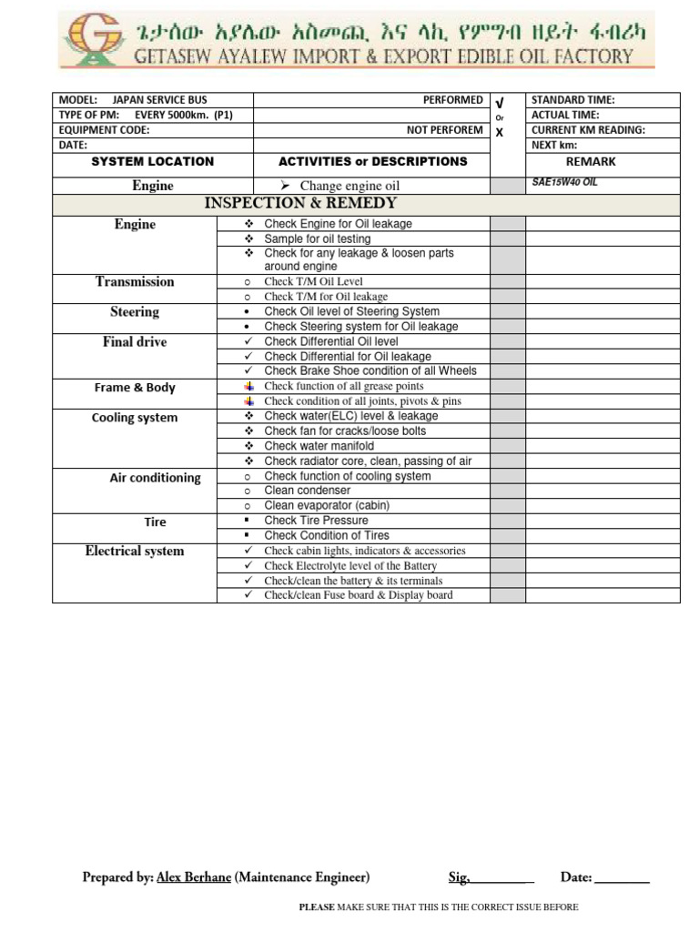 Gig-Service Bus PM Check List | PDF | Truck | Steering
