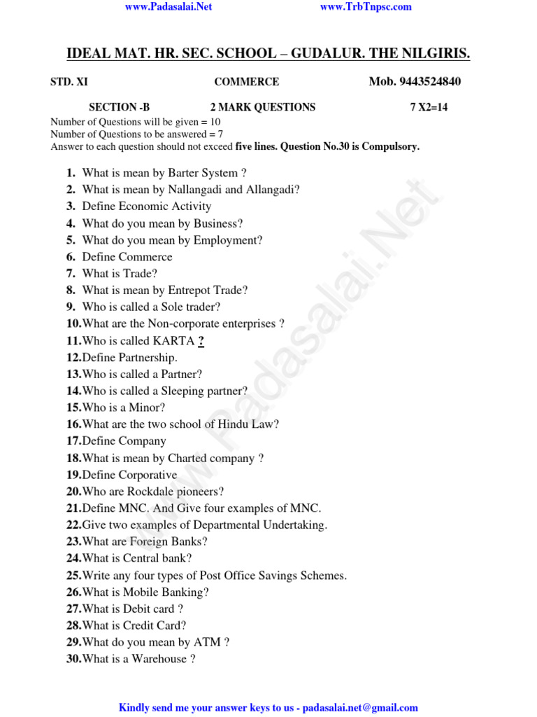11th Commerce EM Important Questions English Medium PDF Download | PDF ...