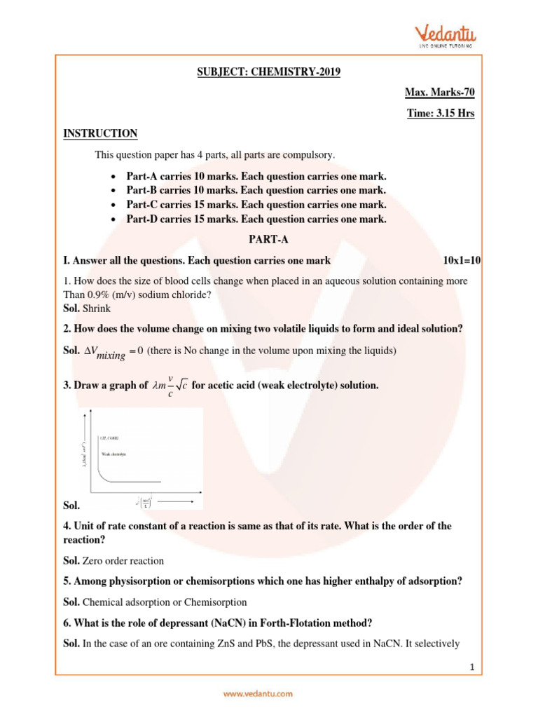 Karnataka PUC Board (KSEEB) Chemistry Class 12 Question Paper 2019 ...