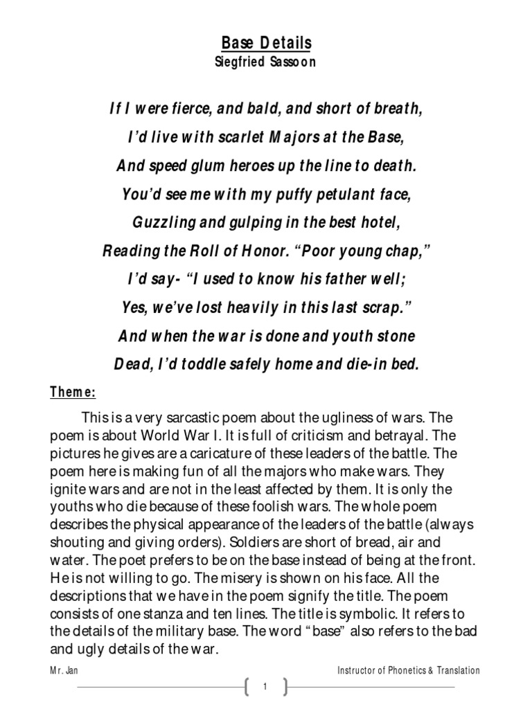 Satire of War in Sassoon's "Base Details" | PDF