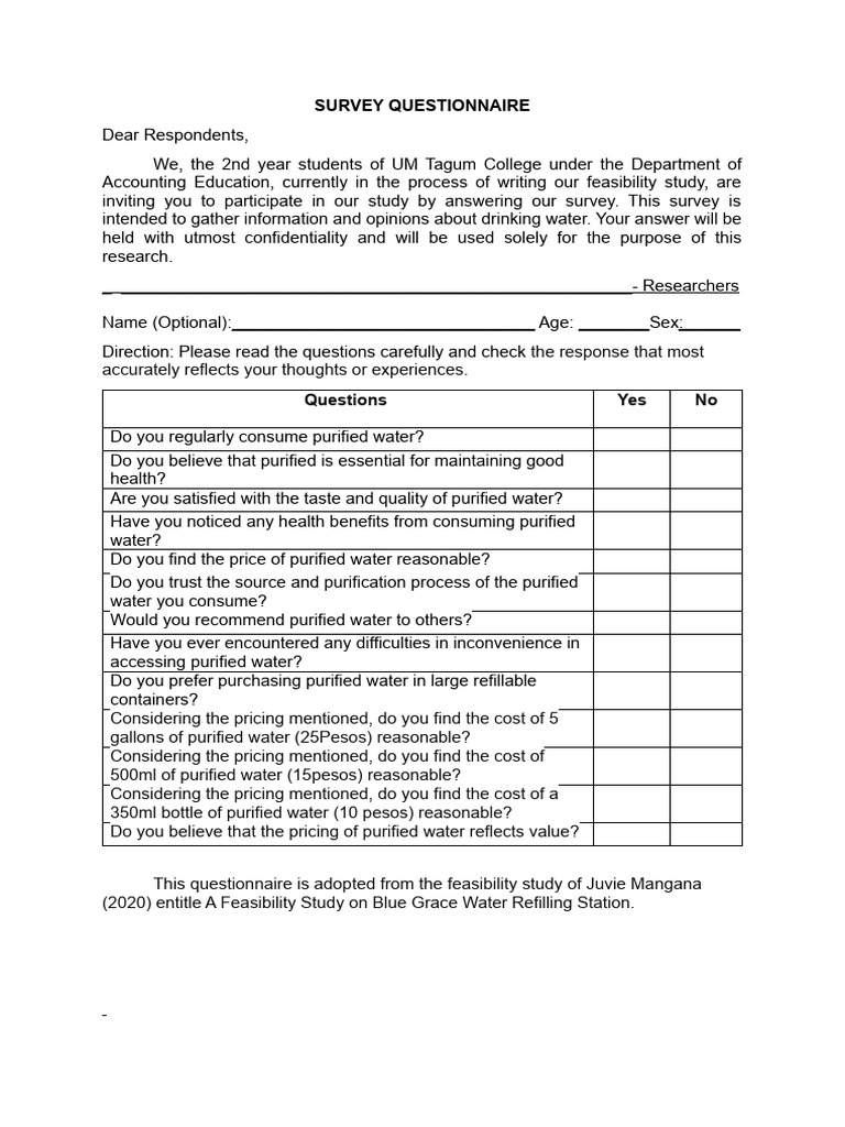 Drinking Water Usage Survey Questionnaire | PDF