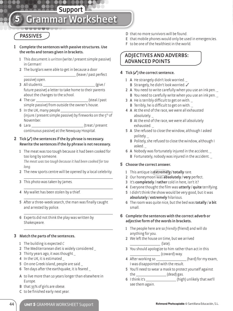 Grammar Worksheet Unit - 5 | Download Free PDF | Verb | Adverb