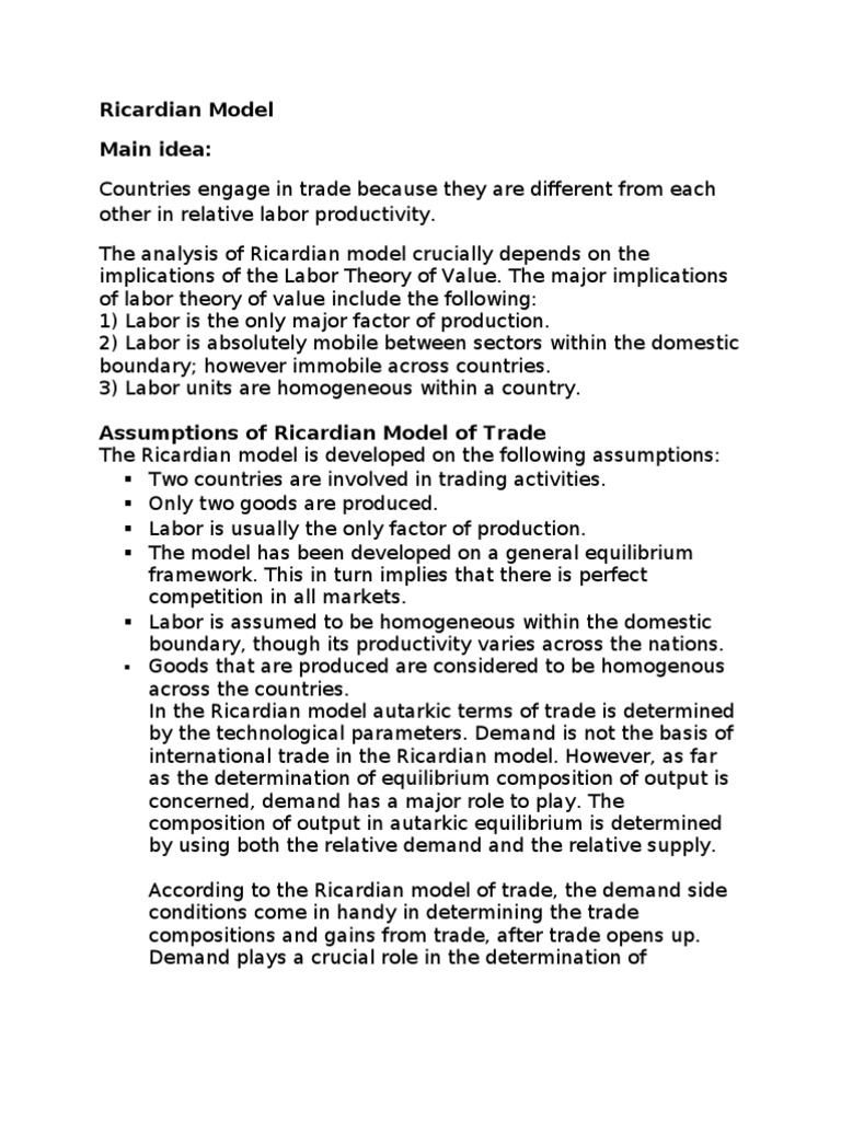 An Analysis of the Ricardian Model of International Trade Based on ...