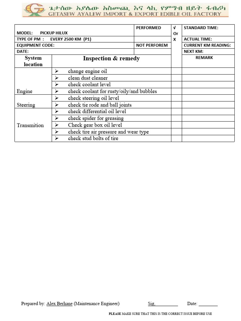 Toyota Hilux Maintenance Checklist | PDF | Motor Oil | Truck