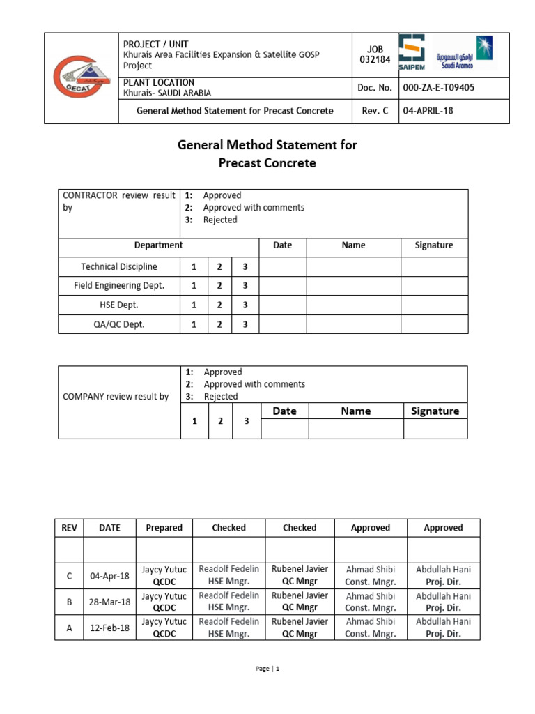 General Method Statement For Precast Concrete Rev.C | PDF | Concrete | Real Estate