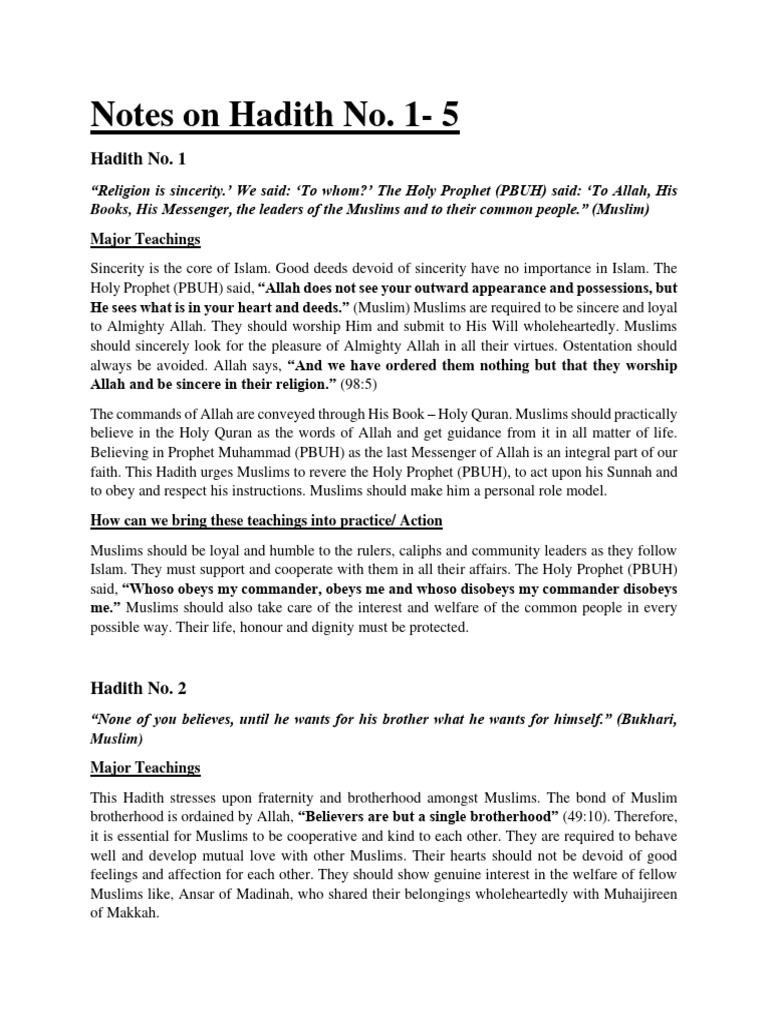 Hadith 1 - 5 Notes PDF | Download Free PDF | Muhammad | Hadith