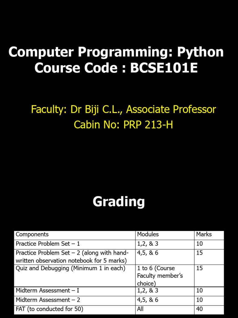 Computer Programming: Python Course Code: BCSE101E: Faculty: DR Biji C.L., Associate Professor ...