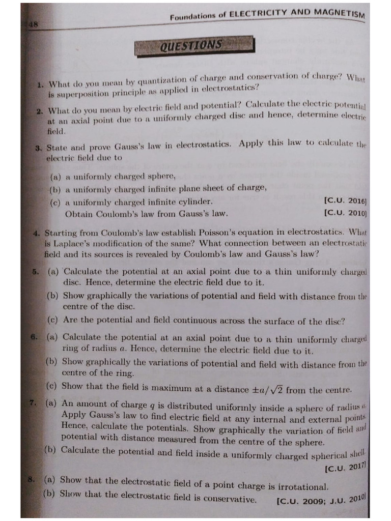 Foumdations Of Electricity And Magnetism By Basudev Ghosh Ch 1 Questions Pdf 