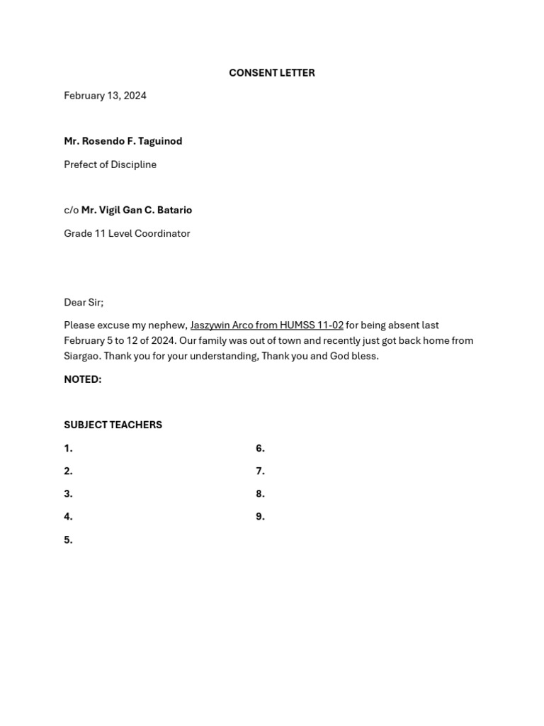 Consent Letter for Student Absence | PDF