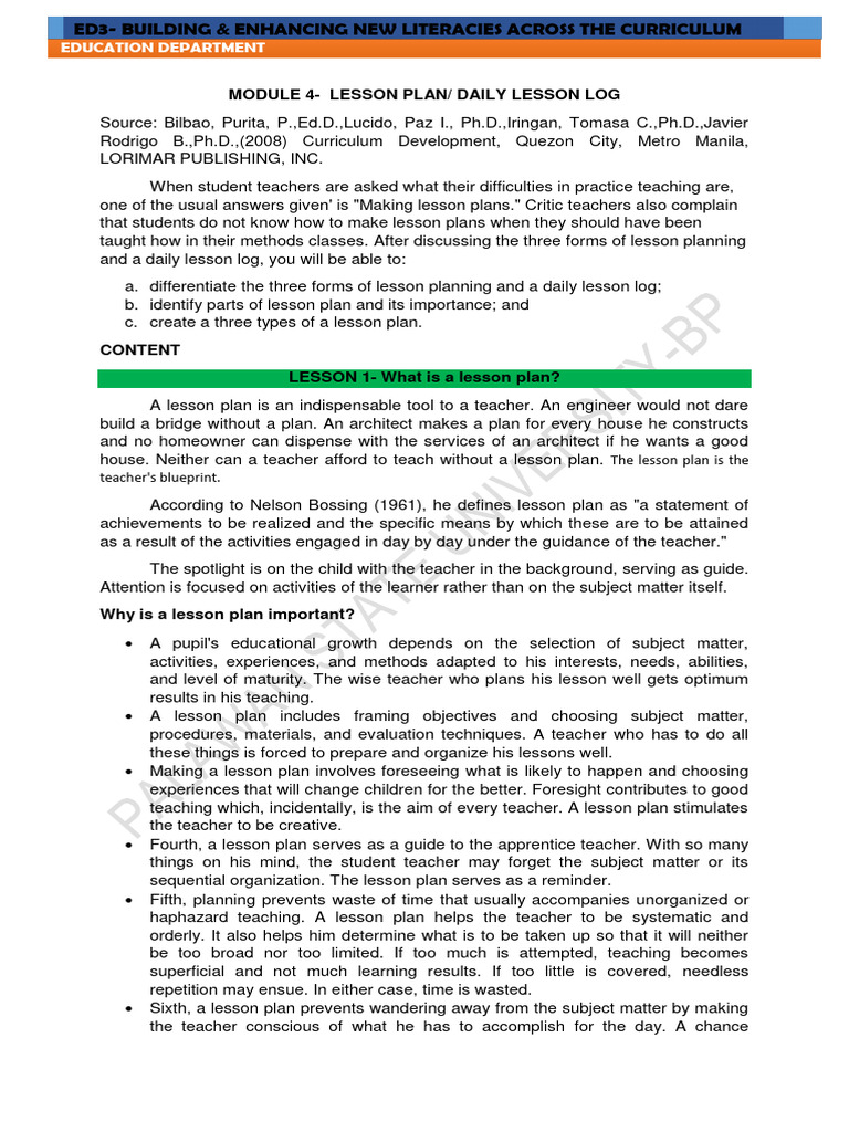 ED3-MODULE 4 (For Lesson Plannin) | PDF | Lesson Plan | Teachers