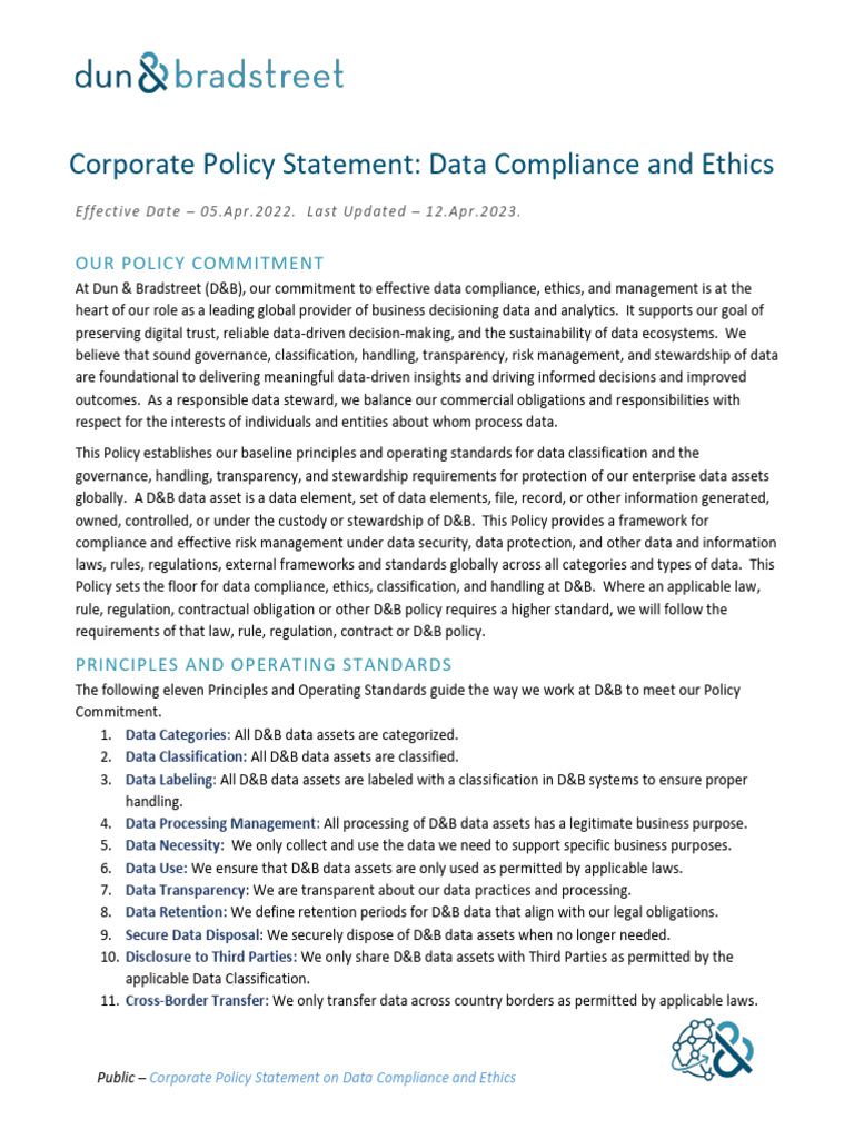Data Compliance and Ethics Policy Statement | PDF | Regulatory Compliance | Governance