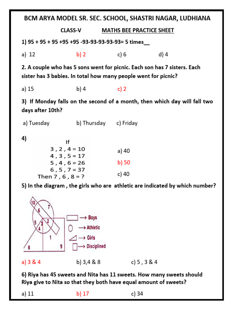 Class V Maths Bee Practice Sheet | PDF