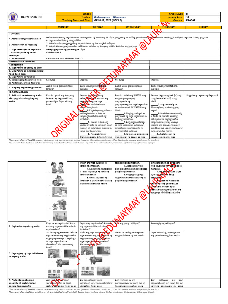 DLL - ESP 3 - Q4 - W2 - Nakapagpapakita NG Pananalig Sa Diyos @edumaymay@lauramos | PDF