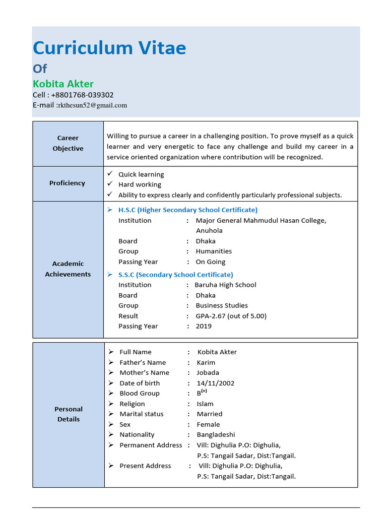 Kobita Akter 2 Page CV | PDF | Cognition