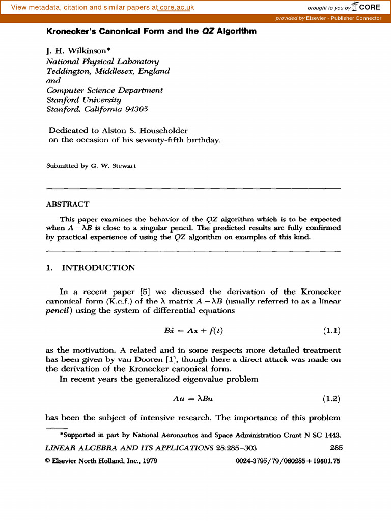 Kronecker's Canonical Form and The QZ Algorithm | PDF | Eigenvalues And Eigenvectors | Matrix ...