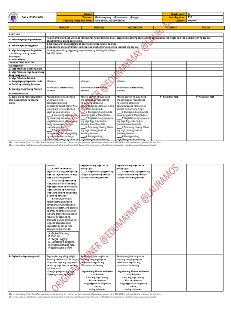 DLL - ESP 3 - Q4 - W9 - Nakapagpapakita NG Paggalang Sa Paniniwala NG Iba Tungkol Sa Diyos ...