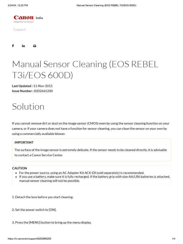 Manual Sensor Cleaning (EOS REBEL T3i - EOS 600D) | PDF
