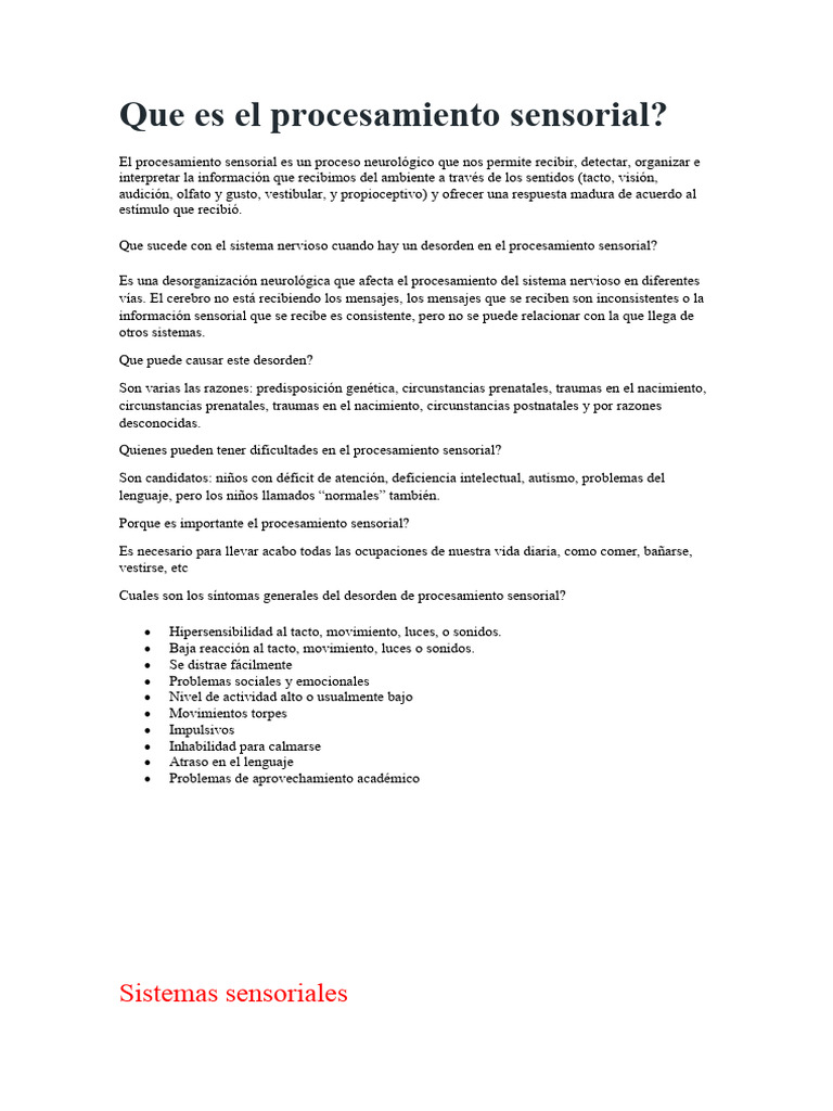 Que Es El Procesamiento Sensorial | PDF | Evaluación neuropsicológica | Sicología