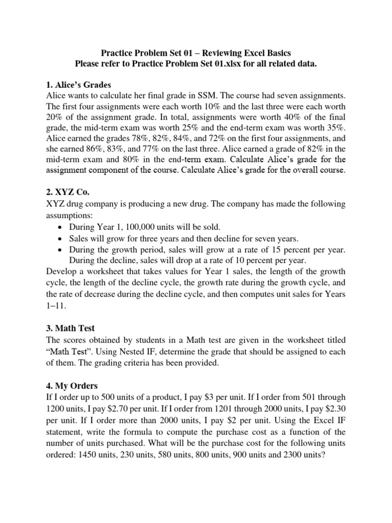 Practice Set 01 - Reviewing Excel Basic | PDF