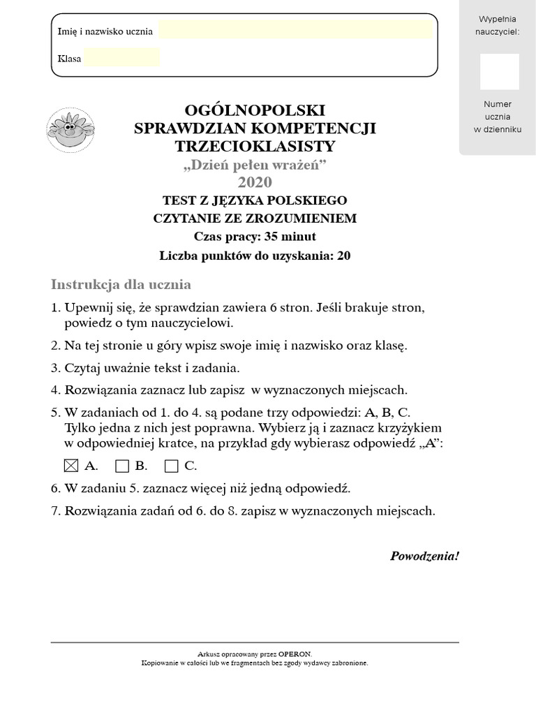  Klasa 3 Jezyk Polski Sprawdzian Czytanie WERSJA EDYTOWALNA PDF
