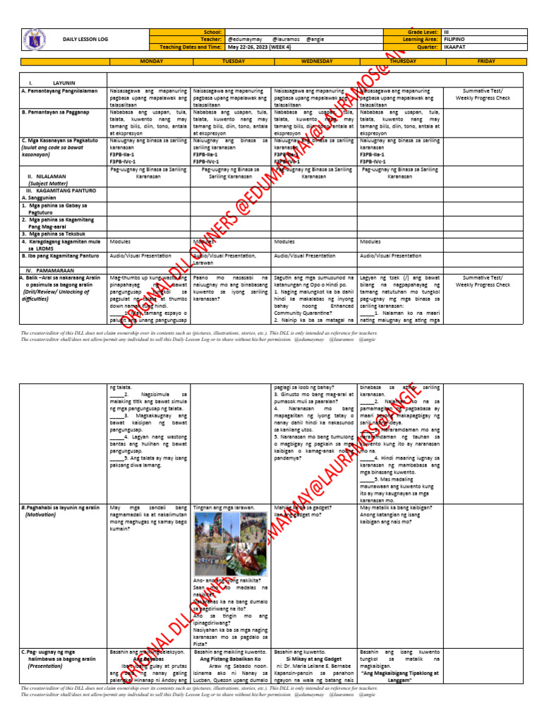 DLL - FIL3 - Q4 - W4 - Naiuugnay Ang Binasa Sa Sariling Karanasan @edumaymay@lauramos@angie | PDF