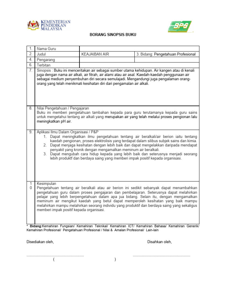 Borang Sinopsis Buku-Keajaiban Air | PDF