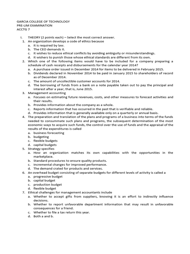 Pre Lim No Solutions 1 | PDF | Expense | Cost Of Goods Sold