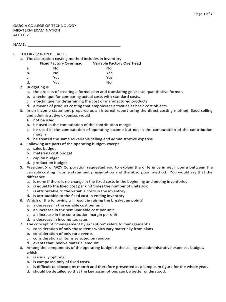 Mid Term | PDF | Cost | Inventory