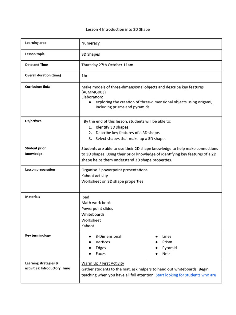 Introduction to 3D Shapes Lesson Plan | PDF | Human Communication ...